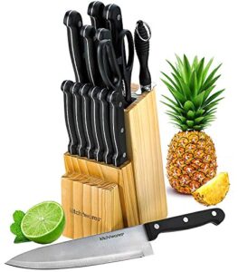 knife set with wooden block - 15 piece set includes chef knife, bread knife, carving knife, utility knife, paring knife, steak knife, boning knife, scissors and knife sharpener. - by kitch n’ wares