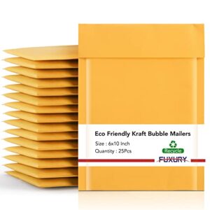 fuxury kraft bubble mailer 6x10 inch 25 pack，strong adhesion padded envelopes,self seal bubble envelopes, waterproof cushioned bubble mailers packaging for small business，bulk #0 mailers yellow