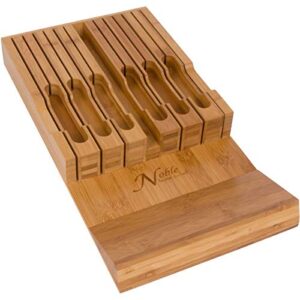 In-Drawer Bamboo Knife Block Holds 12 Knives (Not Included) Without Pointing Up PLUS a Slot for your Knife Sharpener! Noble home & chef Knife Organizer Made from Quality Moso Bamboo