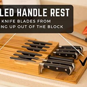 In-Drawer Bamboo Knife Block Holds 12 Knives (Not Included) Without Pointing Up PLUS a Slot for your Knife Sharpener! Noble home & chef Knife Organizer Made from Quality Moso Bamboo