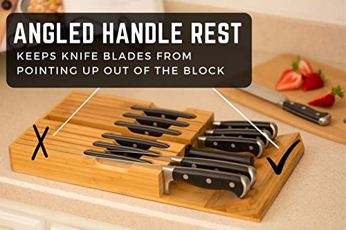 In-Drawer Bamboo Knife Block Holds 12 Knives (Not Included) Without Pointing Up PLUS a Slot for your Knife Sharpener! Noble home & chef Knife Organizer Made from Quality Moso Bamboo