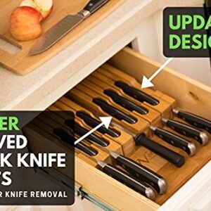 In-Drawer Bamboo Knife Block Holds 12 Knives (Not Included) Without Pointing Up PLUS a Slot for your Knife Sharpener! Noble home & chef Knife Organizer Made from Quality Moso Bamboo