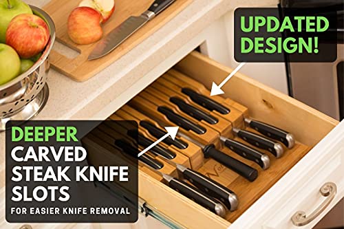 In-Drawer Bamboo Knife Block Holds 12 Knives (Not Included) Without Pointing Up PLUS a Slot for your Knife Sharpener! Noble home & chef Knife Organizer Made from Quality Moso Bamboo