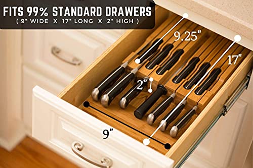 In-Drawer Bamboo Knife Block Holds 12 Knives (Not Included) Without Pointing Up PLUS a Slot for your Knife Sharpener! Noble home & chef Knife Organizer Made from Quality Moso Bamboo