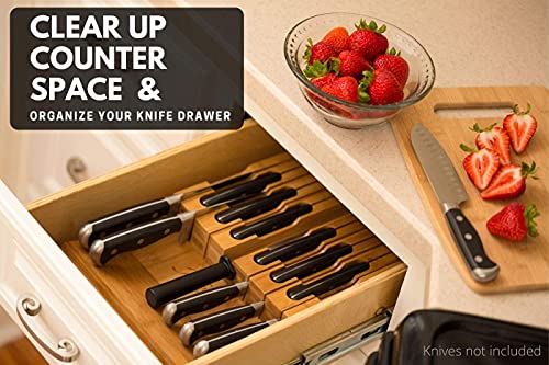 In-Drawer Bamboo Knife Block Holds 12 Knives (Not Included) Without Pointing Up PLUS a Slot for your Knife Sharpener! Noble home & chef Knife Organizer Made from Quality Moso Bamboo