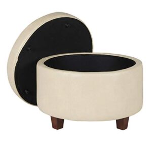 HomePop Round Leatherette Storage Ottoman with Lid, Ivory Large