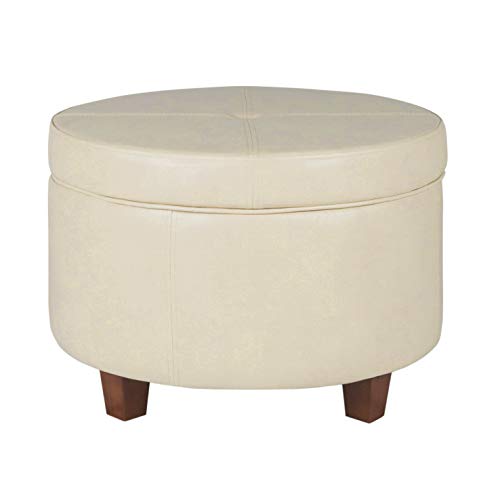 HomePop Round Leatherette Storage Ottoman with Lid, Ivory Large