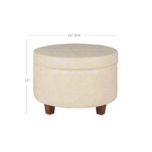 HomePop Round Leatherette Storage Ottoman with Lid, Ivory Large