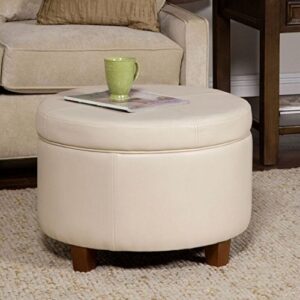 HomePop Round Leatherette Storage Ottoman with Lid, Ivory Large