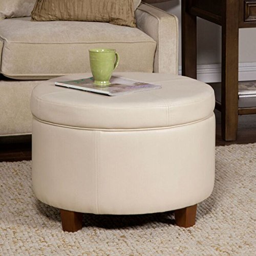 HomePop Round Leatherette Storage Ottoman with Lid, Ivory Large