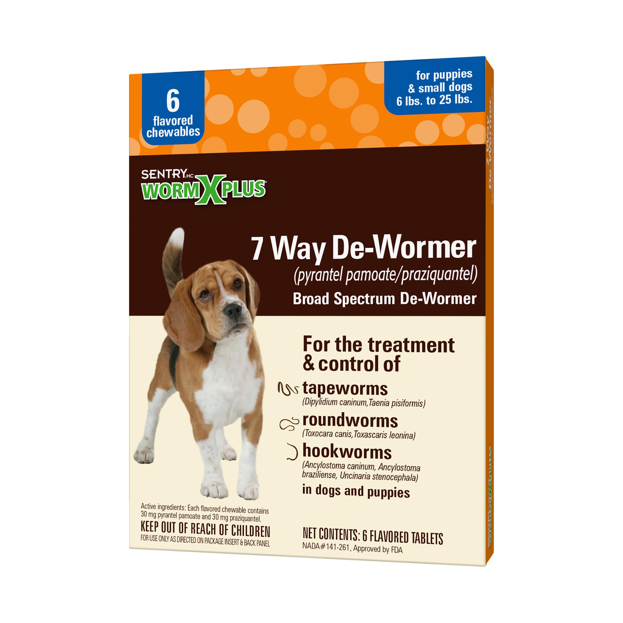 SENTRY HC WORM X PLUS 7 Way De-Wormer (pyrantel pamoate/ praziquantel), for Puppies and Small Dogs, 6-25 lbs, Chewable, 6 Count