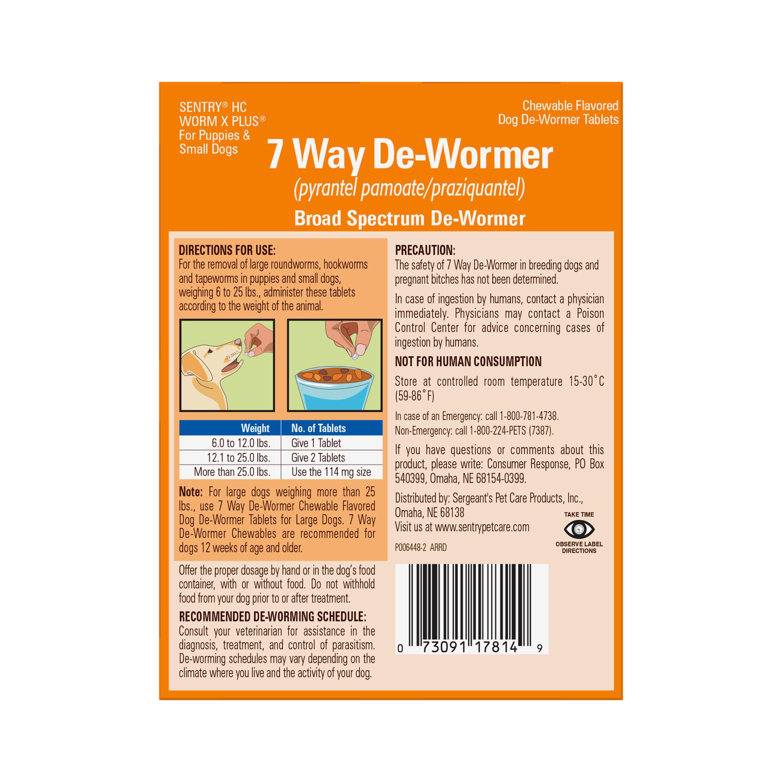 SENTRY HC WORM X PLUS 7 Way De-Wormer (pyrantel pamoate/ praziquantel), for Puppies and Small Dogs, 6-25 lbs, Chewable, 6 Count