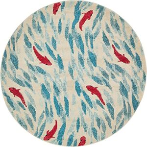 Unique Loom Positano Collection Coastal Modern Bright Colors Fish Beige Round Rug (6' x 6')