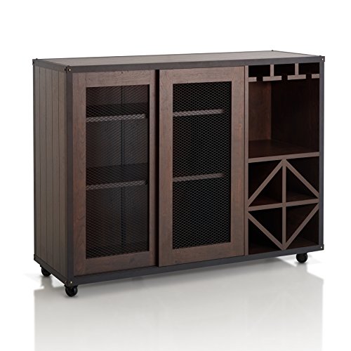 HOMES: Inside + Out Sallos Multi Storage Buffet Cabinet with Wine Rack and Caster Wheels, Vintage Walnut