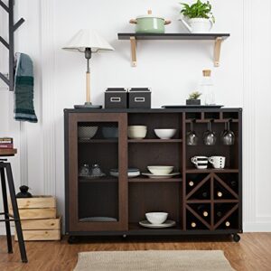 HOMES: Inside + Out Sallos Multi Storage Buffet Cabinet with Wine Rack and Caster Wheels, Vintage Walnut