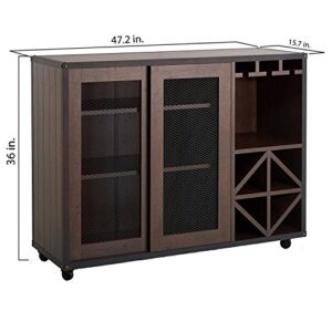 HOMES: Inside + Out Sallos Multi Storage Buffet Cabinet with Wine Rack and Caster Wheels, Vintage Walnut