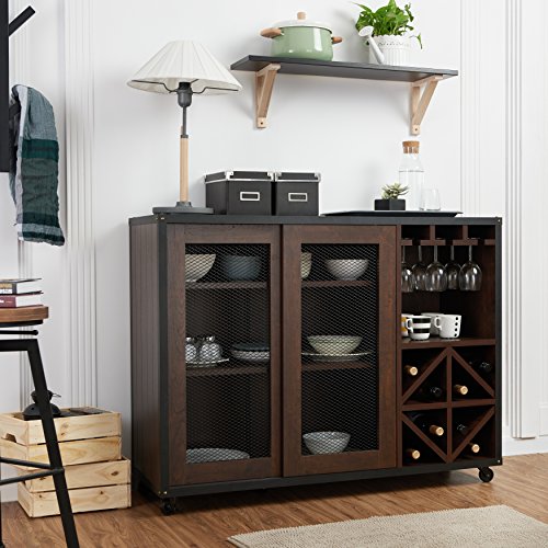 HOMES: Inside + Out Sallos Multi Storage Buffet Cabinet with Wine Rack and Caster Wheels, Vintage Walnut