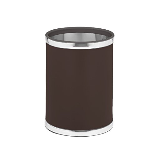 Kraftware Sophisticates Round Wastebasket, 11", Brown with Polised Chrome Color