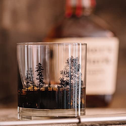 Black Lantern Whiskey Glasses – Cocktail Glasses and Glassware Sets, Old Fashioned Rocks Glass for Bourbon, Scotch, Whiskey, Forest Landscape Design, Set of 2 Glasses