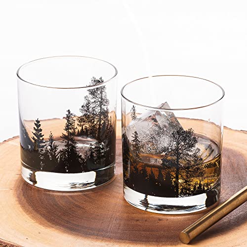 Black Lantern Whiskey Glasses – Cocktail Glasses and Glassware Sets, Old Fashioned Rocks Glass for Bourbon, Scotch, Whiskey, Forest Landscape Design, Set of 2 Glasses