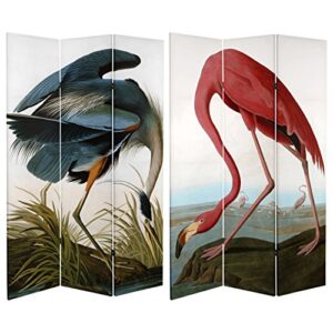 red lantern 6 ft. tall double sided audubon heron & flamingo canvas room divider 3 panel freestanding folding privacy screen, partition, and separator for modern and contemporary bedroom, home office