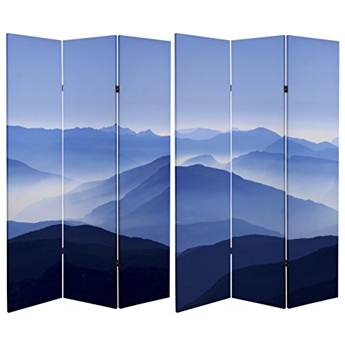 Red Lantern 6 ft. Tall Double Sided Misty Mountain Canvas Room Divider, 71 inches high and 3 Panels Wide, Blue