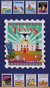 24" x 44" panel quilt across texas postage stamps cities city alamo sightseeing debra gabel cotton fabric panel (9334)