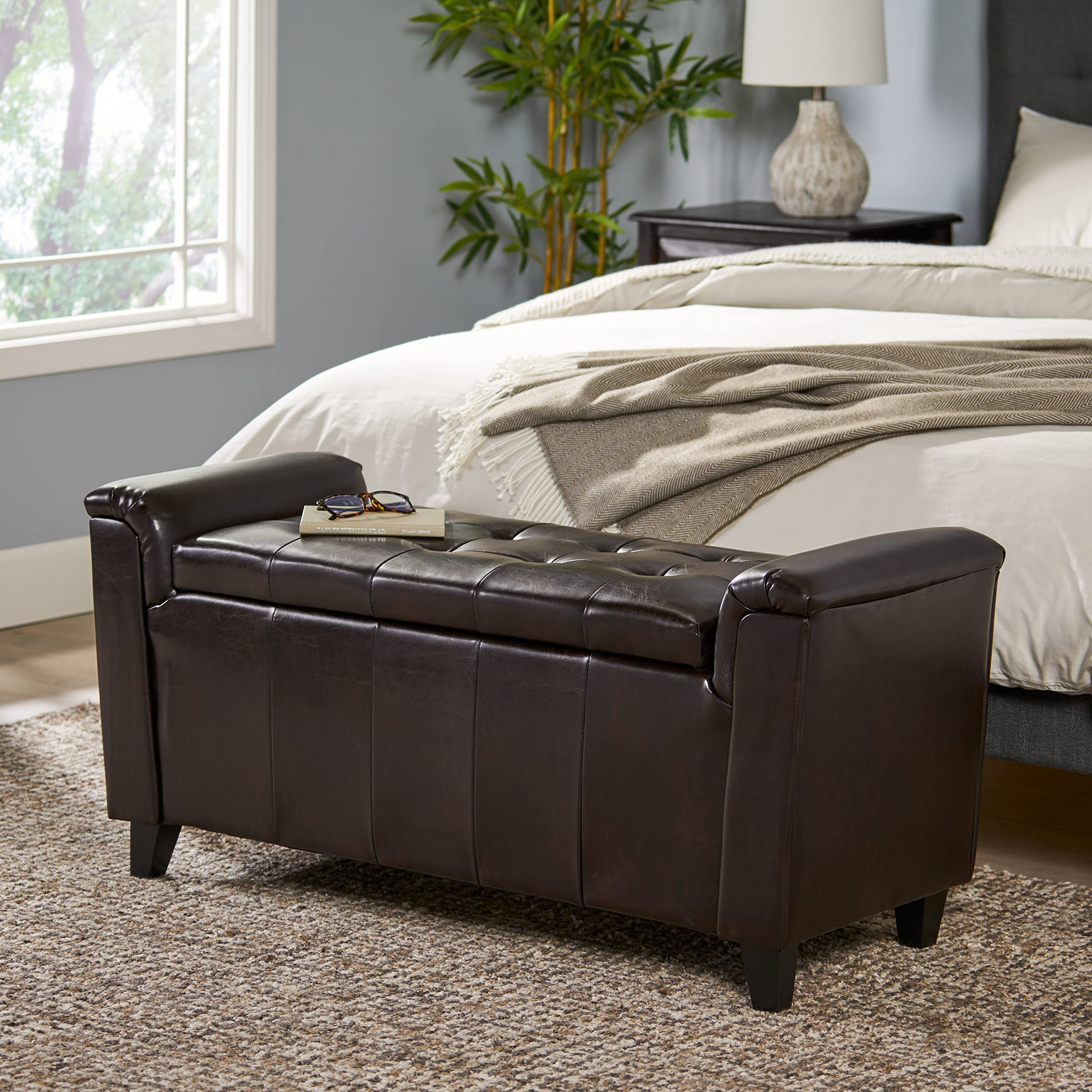 Christopher Knight Home Alden Armed PU Storage Bench, Brown, 17. 50D x 45. 50W x 20.75H