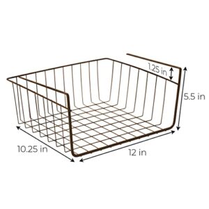 Smart Design Undershelf Storage Basket - Small - Snug Fit Arms - Steel Metal Wire - Rust Resistant - Under Shelves, Cabinet, Pantry, and Shelf Organization - 12 x 5.5 Inch - Bronze