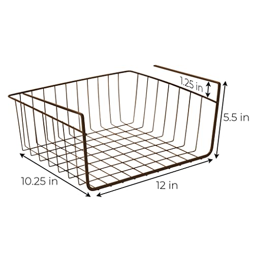 Smart Design Undershelf Storage Basket - Small - Snug Fit Arms - Steel Metal Wire - Rust Resistant - Under Shelves, Cabinet, Pantry, and Shelf Organization - 12 x 5.5 Inch - Bronze