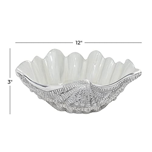 Deco 79 Aluminum Sea Life Shell Serving Bowl with Enamel Interior, 12" x 9" x 3", White