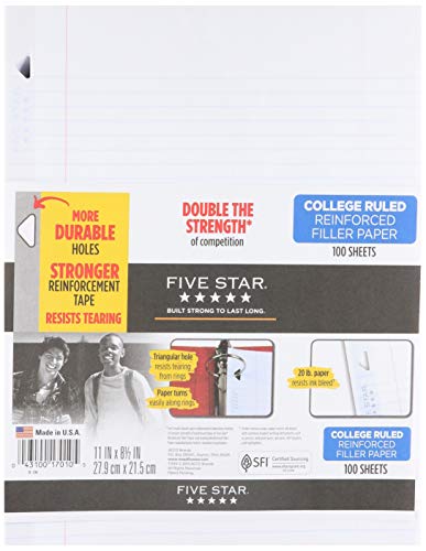 Five Star Filler Paper, College Ruled, Reinforced, Loose Leaf Paper, 11 x 8.5", 100 Sheets/Pack Pack Of 3, 17010