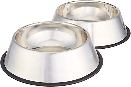 Amazon Basics Stainless Steel Non-Skid Pet Dog Water And Food Bowl, Set of 2 (11 x 3 Inches), Each Holds Up to 3.5 Cups