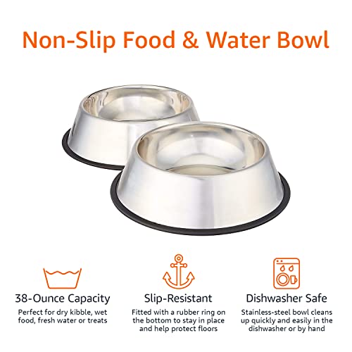 Amazon Basics Stainless Steel Non-Skid Pet Dog Water And Food Bowl, Set of 2 (11 x 3 Inches), Each Holds Up to 3.5 Cups