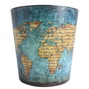 scakbyer wastebasket, retro european style household home office round pu leather waste bin paper basket trash can dustbin garbage bin waste-paper basket ashcan ashbin without lid - world map