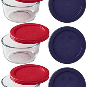 Pyrex (3) 7202 1 Cup Clear Glass Storage Bowls with 7202-PC (3) Red & (3) Blue Plastic Lids, Made in USA