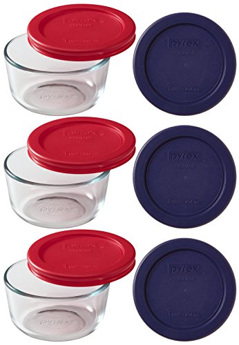 Pyrex (3) 7202 1 Cup Clear Glass Storage Bowls with 7202-PC (3) Red & (3) Blue Plastic Lids, Made in USA