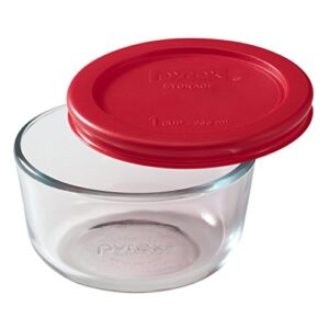 Pyrex (3) 7202 1 Cup Clear Glass Storage Bowls with 7202-PC (3) Red & (3) Blue Plastic Lids, Made in USA