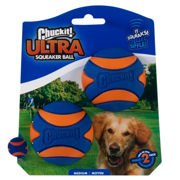 Chuckit! Ultra Squeaker Ball Dog Toy, Medium (2.5 Inch) 2 Pack, for Large Breeds, Blue, Orange