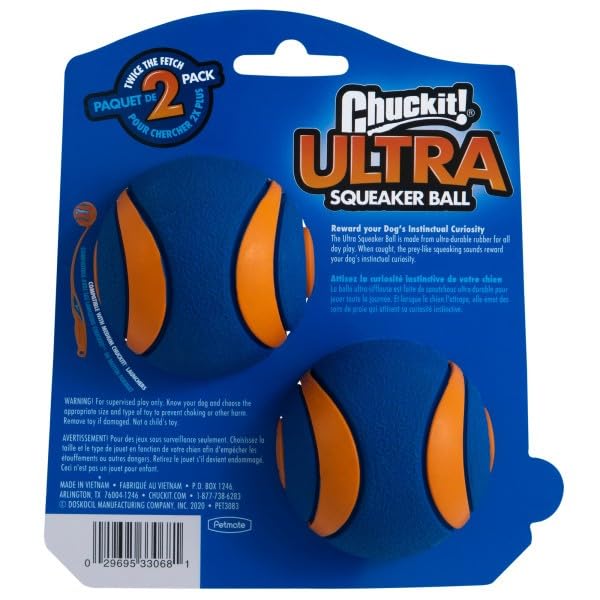 Chuckit! Ultra Squeaker Ball Dog Toy, Medium (2.5 Inch) 2 Pack, for Large Breeds, Blue, Orange