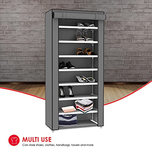 Sunbeam Multipurpose Portable Wardrobe Storage Closet Rack For Shoes and Clothing 7 Tier/Fits 24 Pairs of Shoes Heavy Duty Non Woven Material With Roll Down Cover (Grey)