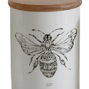 Creative Co-op White Stoneware Bee Image & Bamboo Lid Jar, Canister, Multicolor