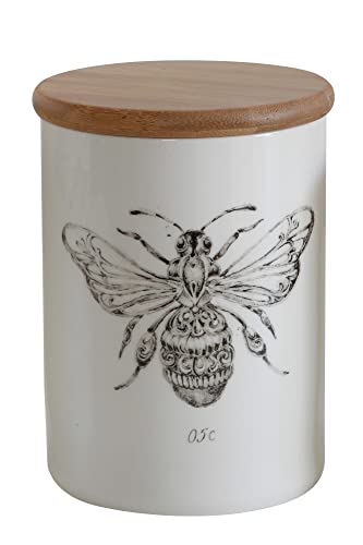 Creative Co-op White Stoneware Bee Image & Bamboo Lid Jar, Canister, Multicolor