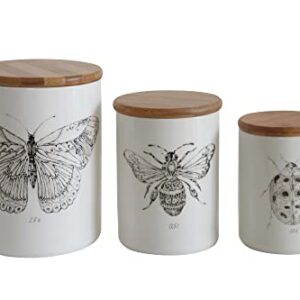 Creative Co-op White Stoneware Bee Image & Bamboo Lid Jar, Canister, Multicolor