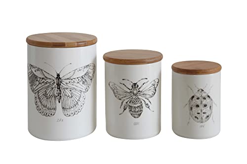 Creative Co-op White Stoneware Bee Image & Bamboo Lid Jar, Canister, Multicolor