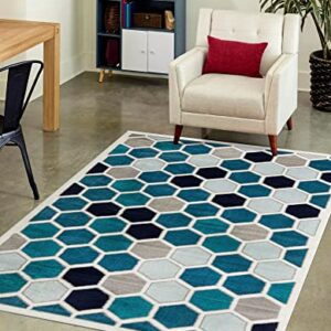 Unique Loom Metro Collection Abstract Multicolored Geometric Hexagon Area Rug, 4 ft x 6 ft, Ivory/Blue