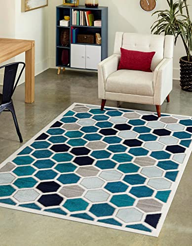 Unique Loom Metro Collection Abstract Multicolored Geometric Hexagon Area Rug, 4 ft x 6 ft, Ivory/Blue