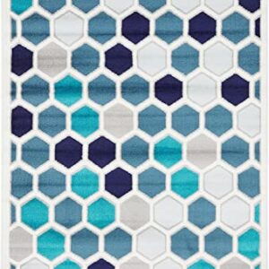 Unique Loom Metro Collection Abstract Multicolored Geometric Hexagon Area Rug, 4 ft x 6 ft, Ivory/Blue