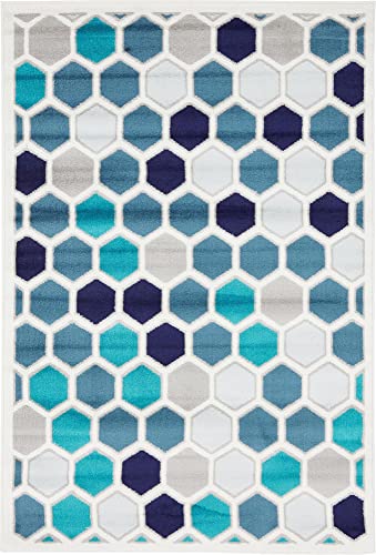 Unique Loom Metro Collection Abstract Multicolored Geometric Hexagon Area Rug, 4 ft x 6 ft, Ivory/Blue