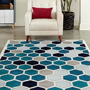 Unique Loom Metro Collection Abstract Multicolored Geometric Hexagon Area Rug, 4 ft x 6 ft, Ivory/Blue